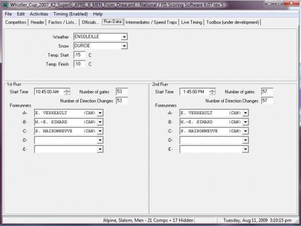 National FIS Software : Run Data - SplitSecond